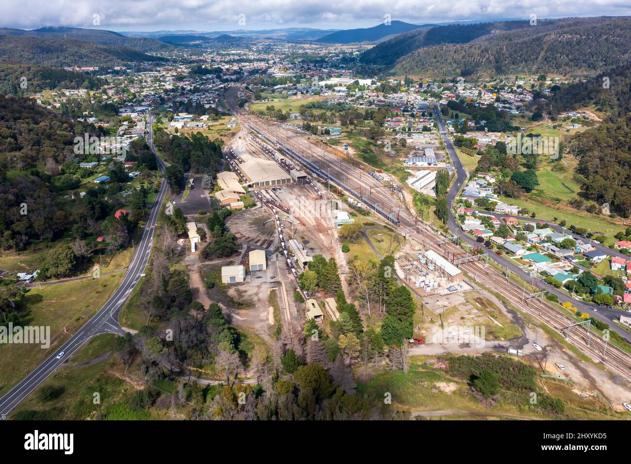 Drone aerial photograph of the Lithgow Train maintenance facility in ...