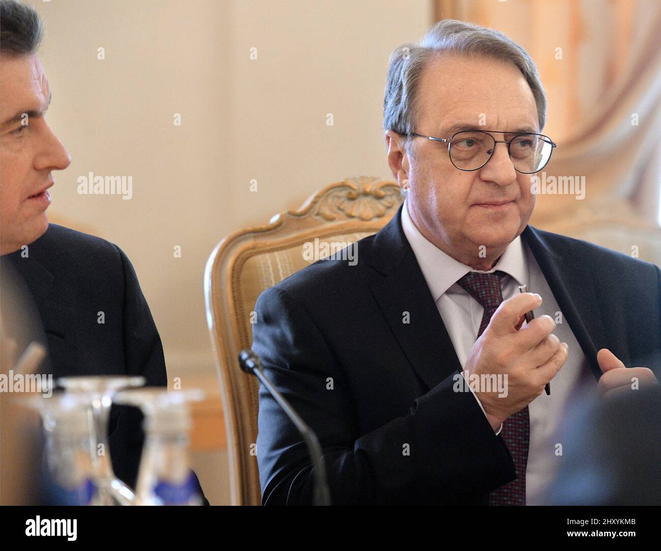 Russian Deputy Foreign Minister Mikhail Bogdanov (right) during negotiations between Russian ...