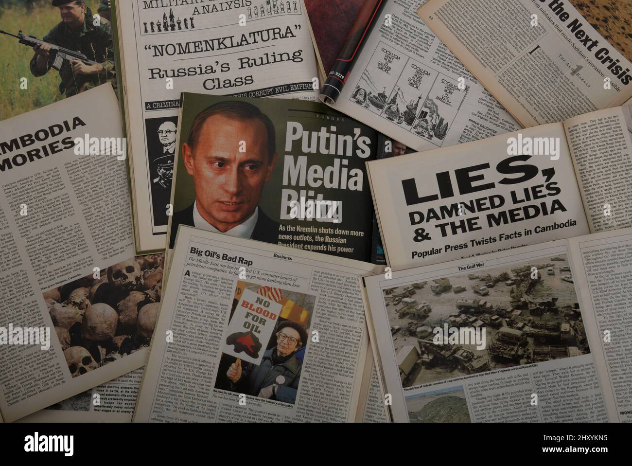 War history, collage of Retro News media, illustration, Putin behind ...