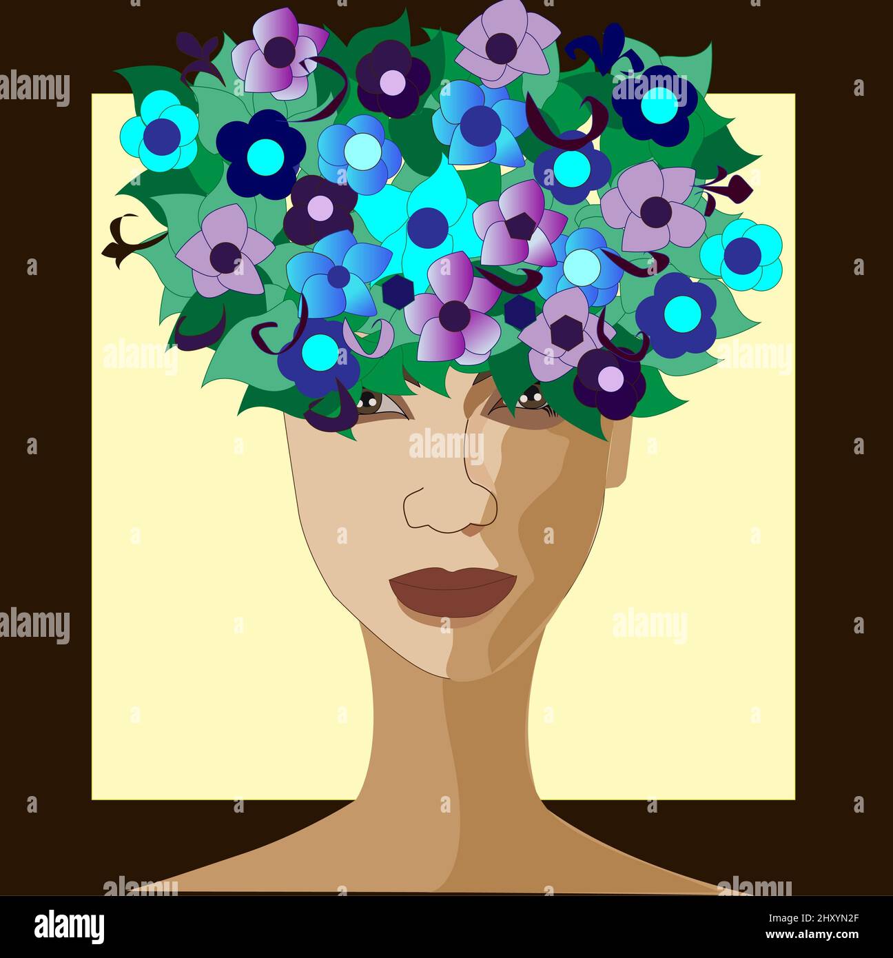 Colorful illustration of a female face with flowers on her head Stock ...