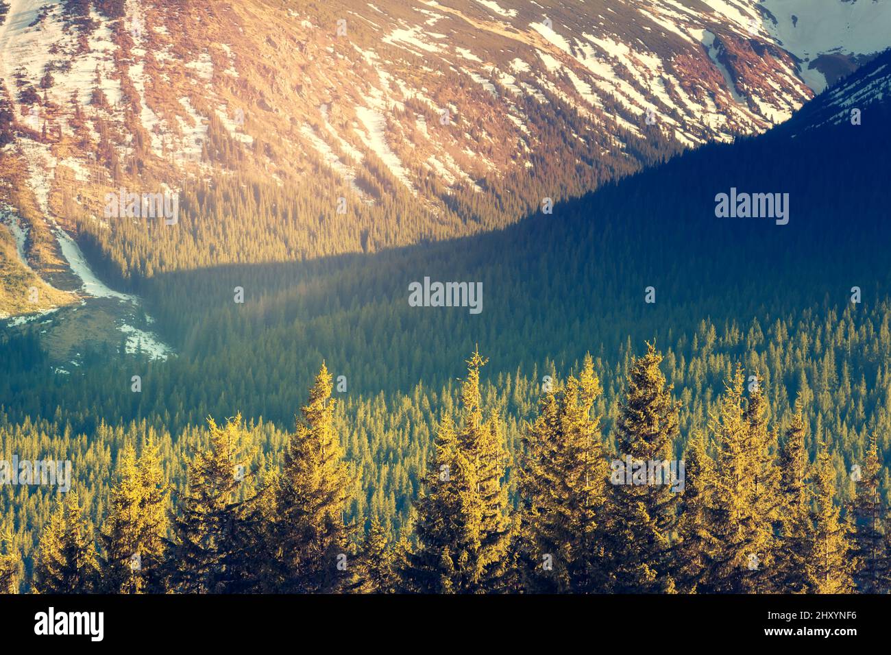Majestic view of snowy peaks glowing by sunlight. Dramatic morning ...