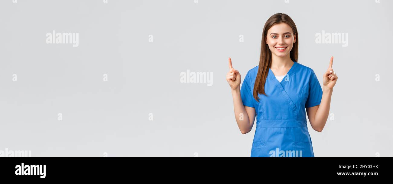 Healthcare workers, prevent virus, insurance and medicine concept. Attractive nurse or doctor in ...