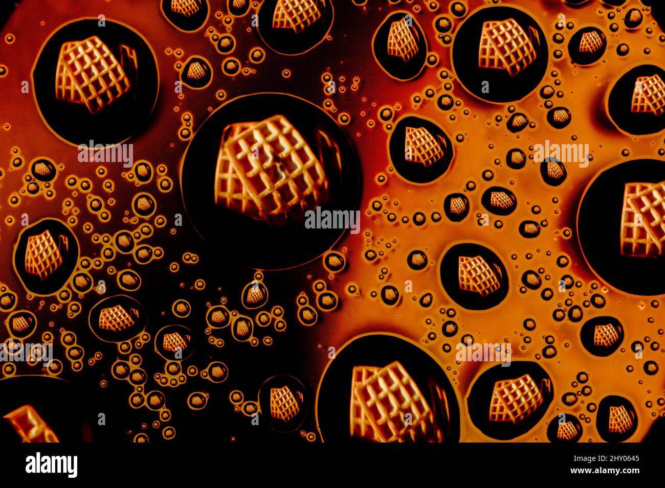 Creative macro food still-life of breakfast waffles reflected in water ...