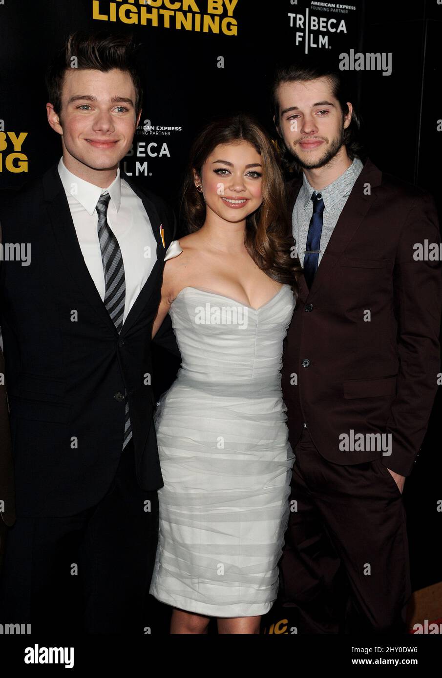Chris Colfer, Sarah Hyland and Matt Prokop attending the premiere of "Struck By Lightning" at ...