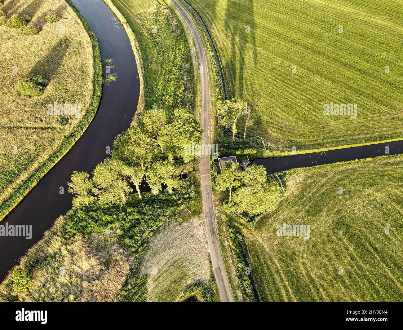 Birds-eye view shot of a river flowing across the landscape Stock Photo ...