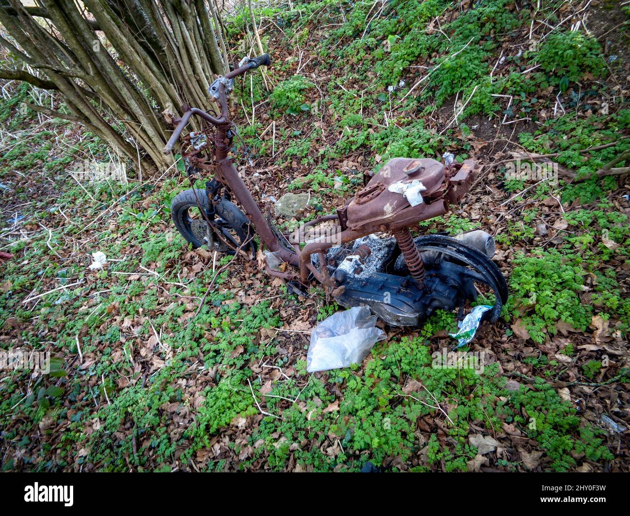 Environmental pollution; found still-life of burned out and discarded ...
