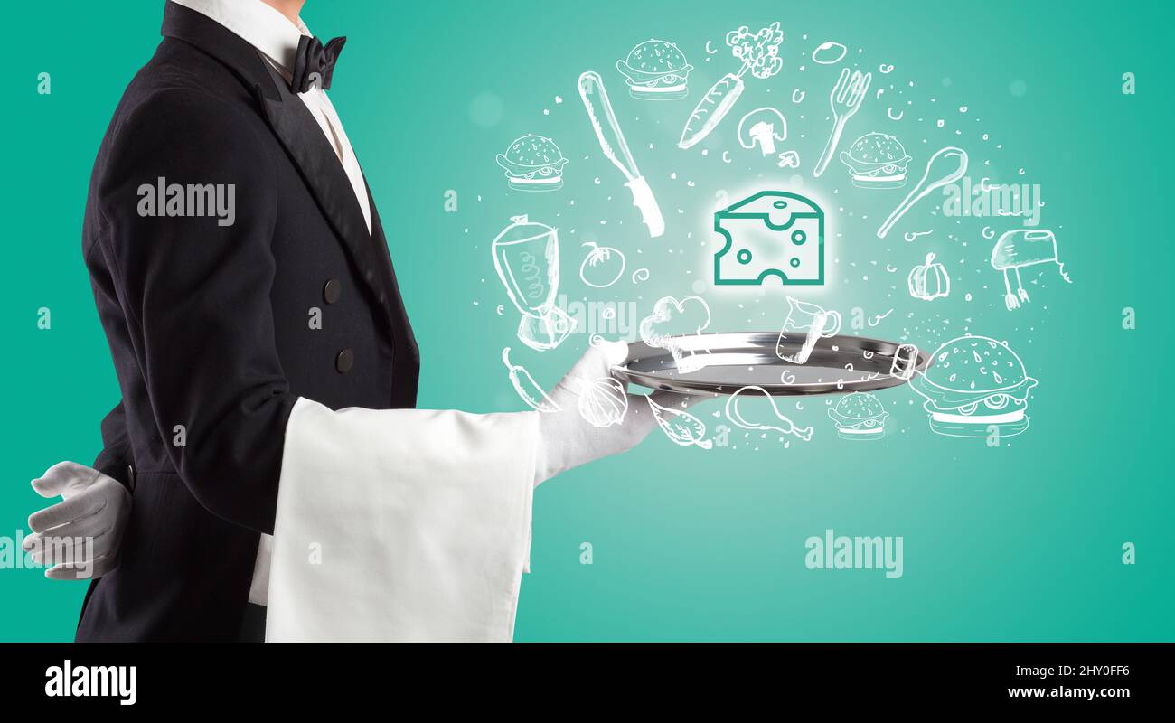 Waiter holding silver tray with food icons above Stock Photo - Alamy