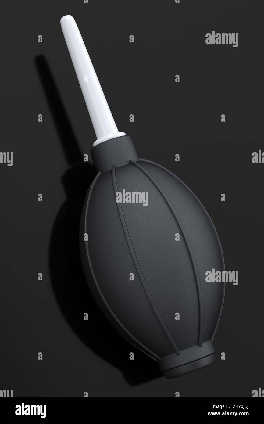 Hand air blower bulb for camera isolated on black background. 3D ...