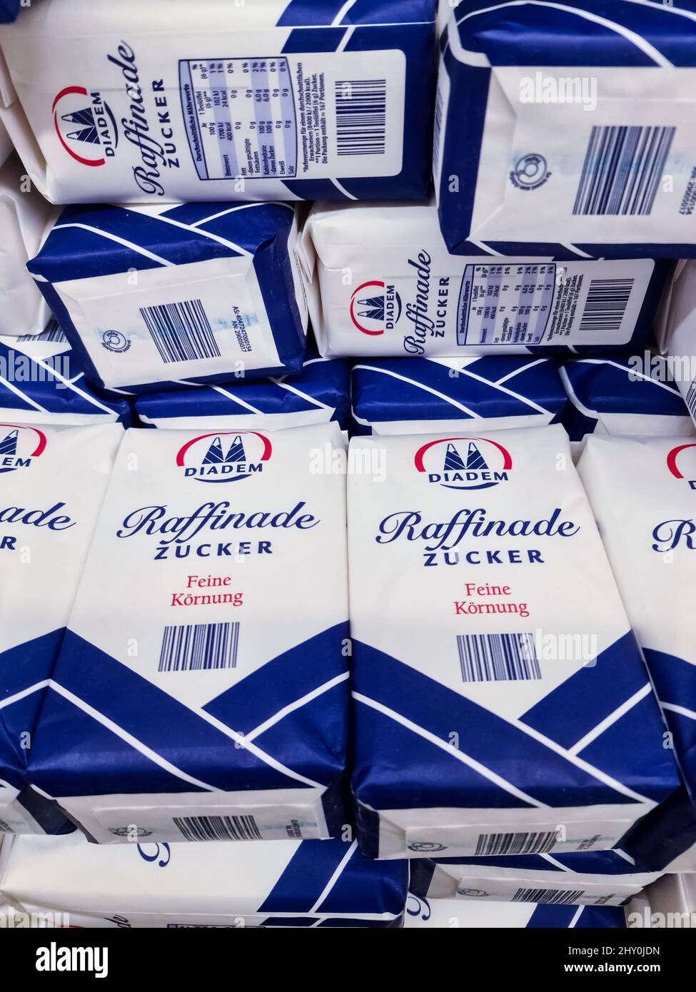 Vertical shot of Diadem brand sugar packets display in a supermarket ...