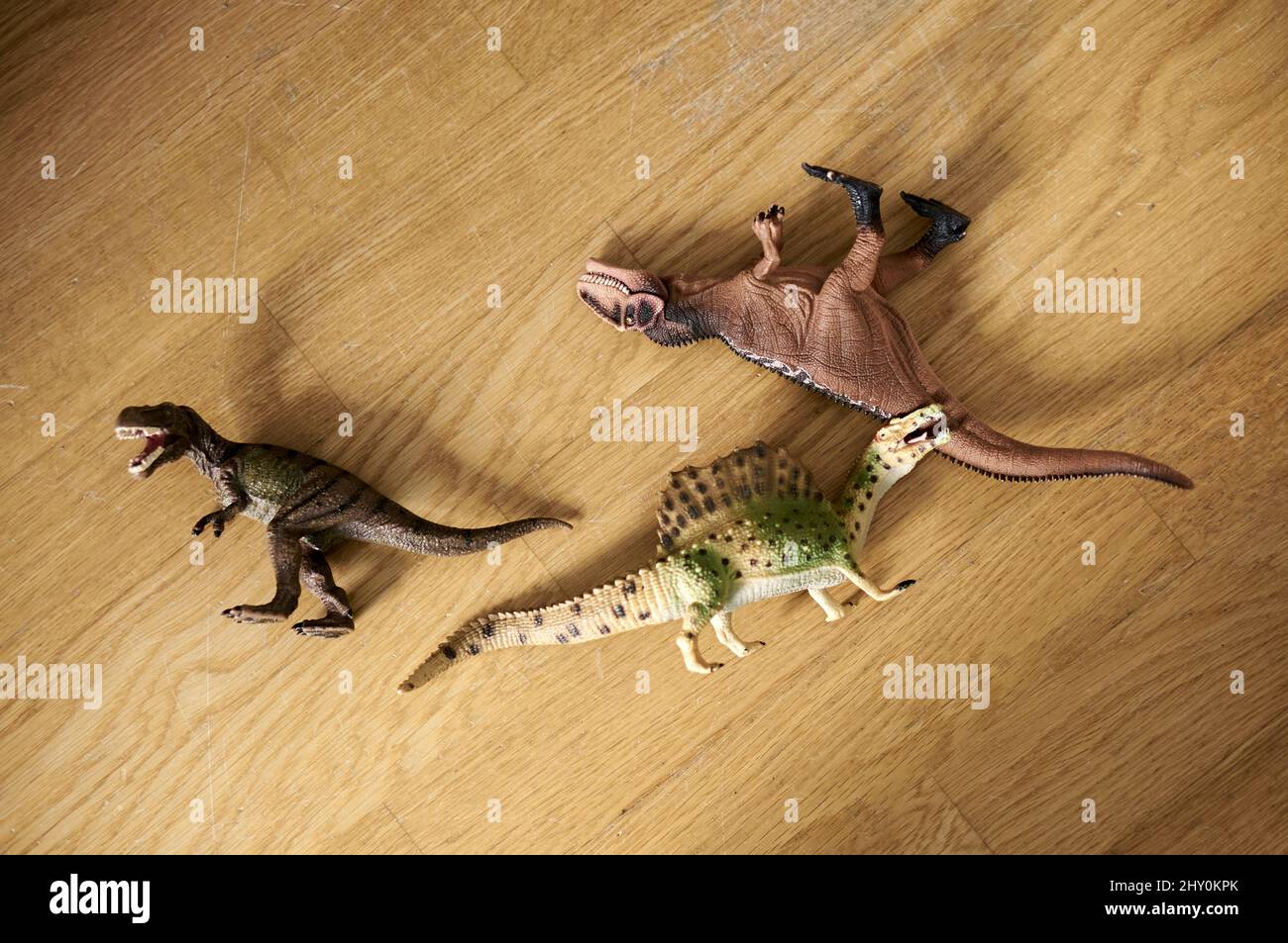 Collecta and Schleich brand toy figurine dinosaurs laying on a wooden ...