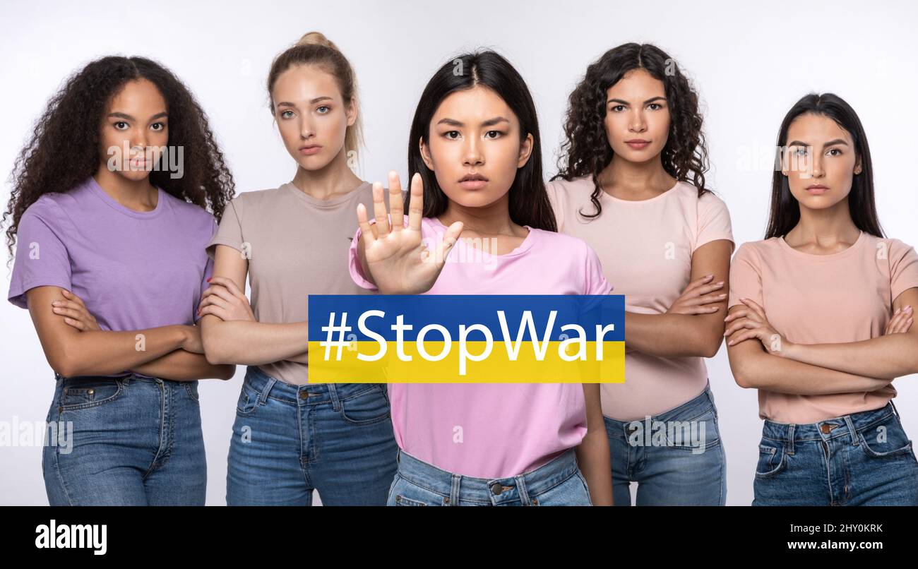 Stop War. Angry Multiethnic Ladies Gesturing Stop Sign Stock Photo - Alamy