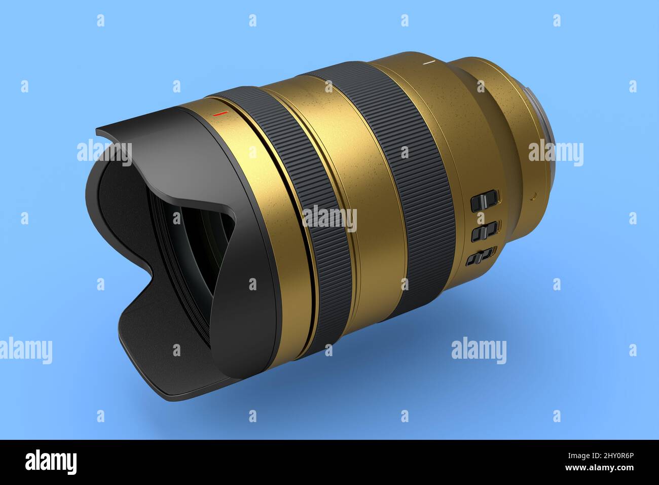 Modern nonexistent gold DSLR macro camera lens on blue background. 3D ...
