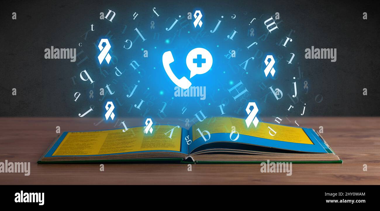 Open medical book with health icons above Stock Photo - Alamy