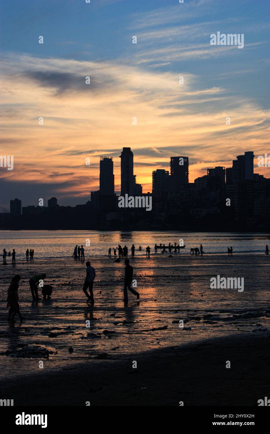 Vertical shot of the silhouettes of skyscrapers reflecting on the ...