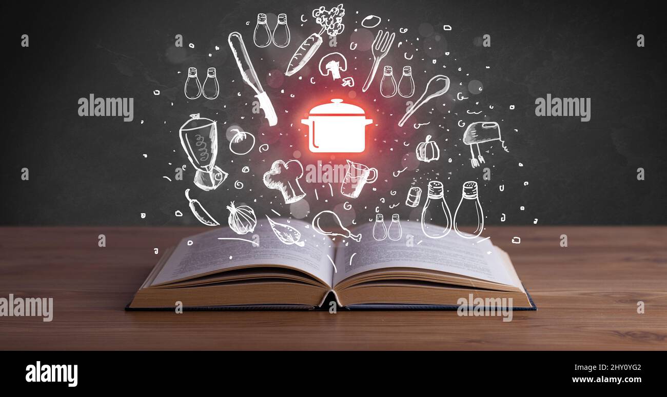 Open recipe book with food related icons above Stock Photo - Alamy