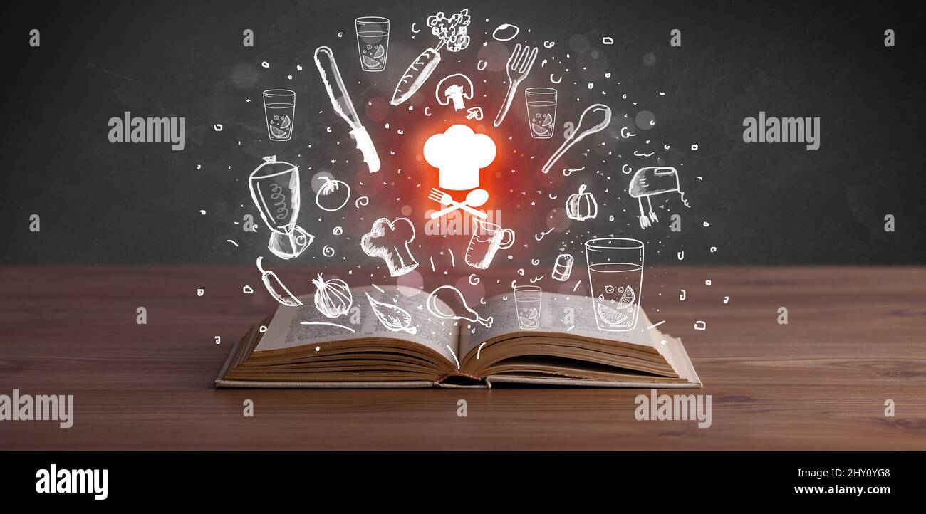 Open recipe book with food related icons above Stock Photo - Alamy