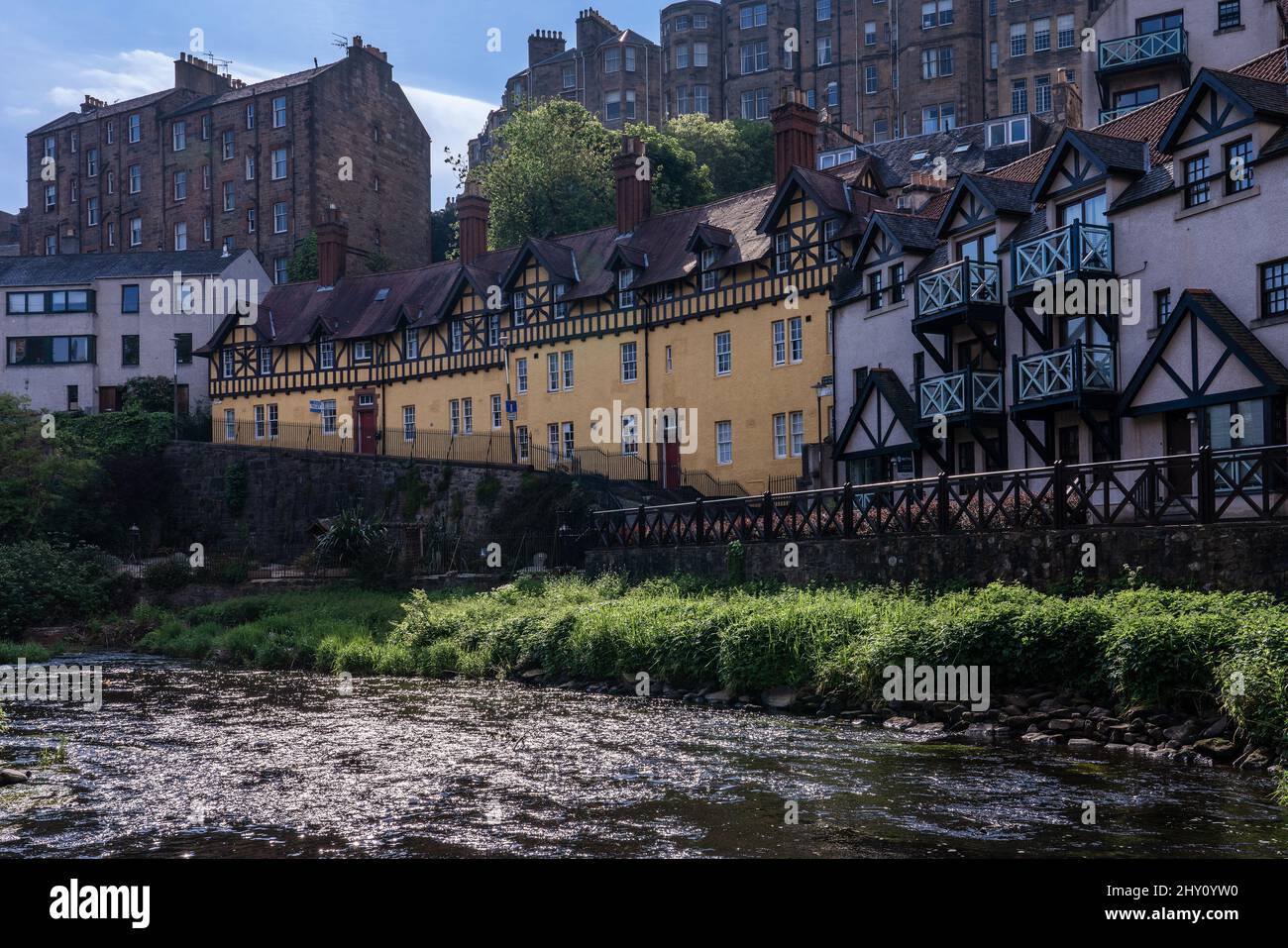 Riverside architecture on a bright sunny morning in Dean Village ...