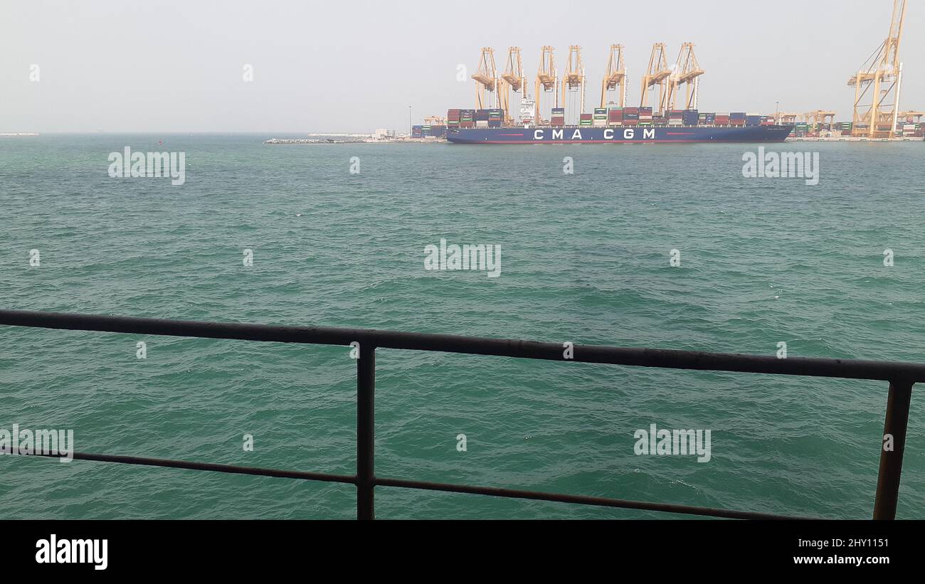 View of the ship at the port of Mina Zayed. Dubai, Abu Dhabi Stock ...