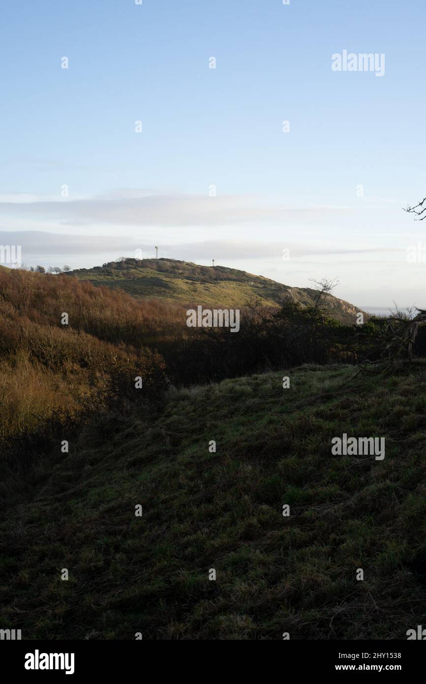 Beautiful view of green grass ground and green hills against a light ...