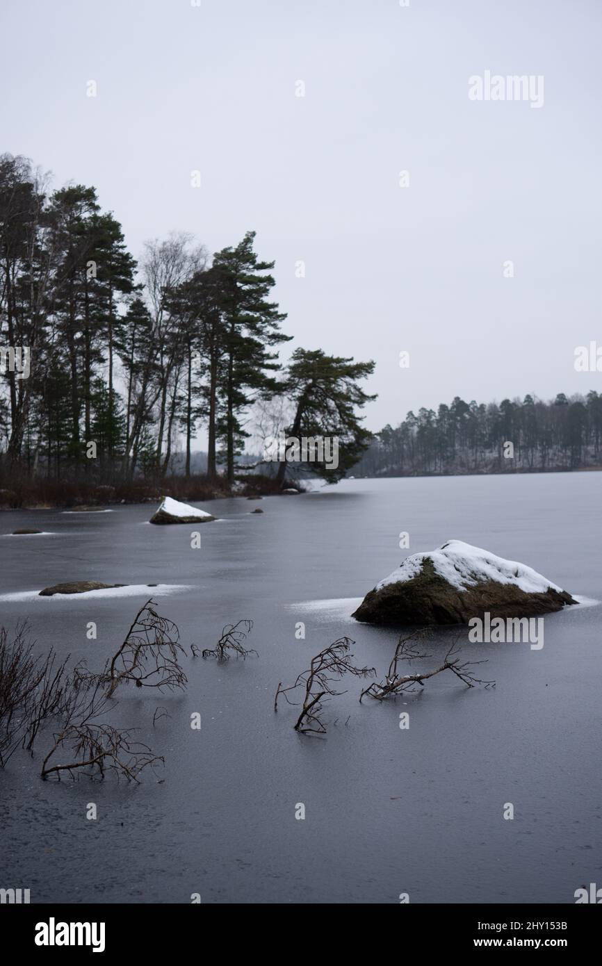 Beautiful scene of green trees by a majestic water with snowy rocks ...