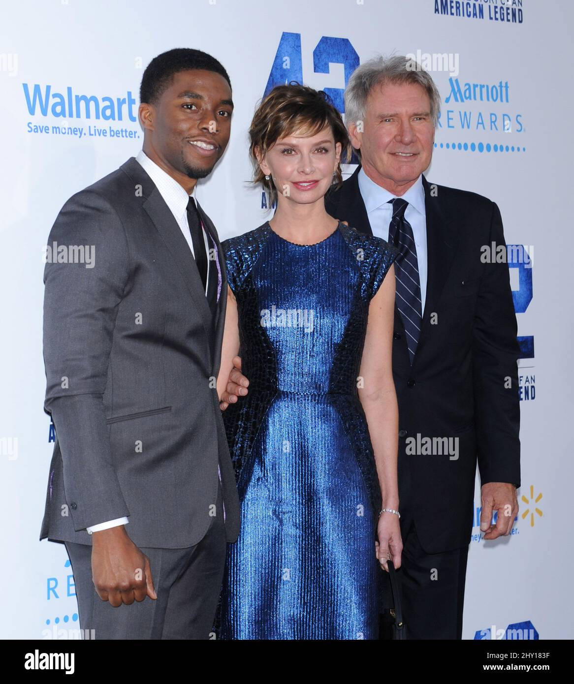 Chadwick Boseman, Harrison Ford and Calista Flockhart attending "42 ...