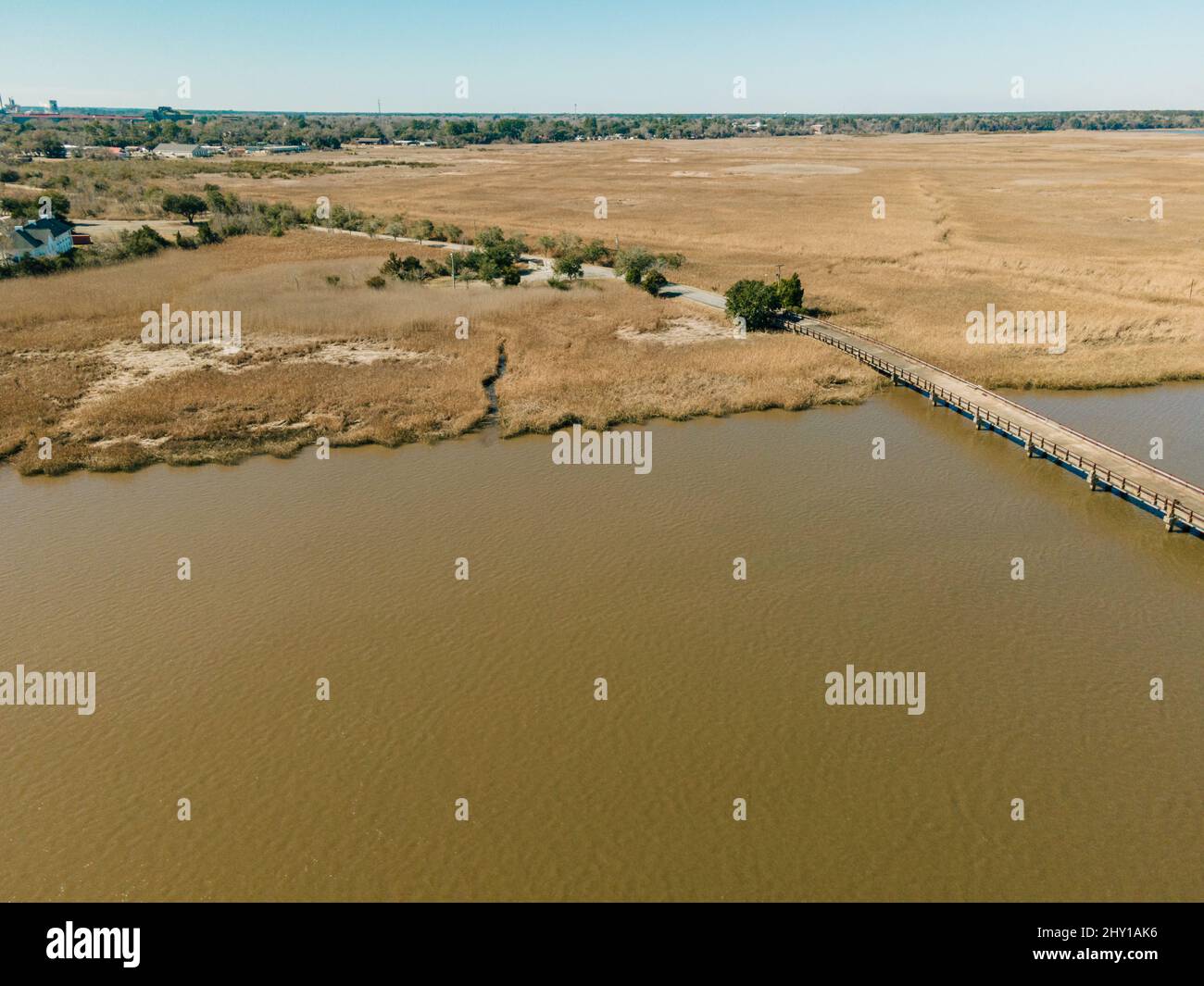 Aerial view of a bridge over a flowing river in Georgetown, SC, United ...