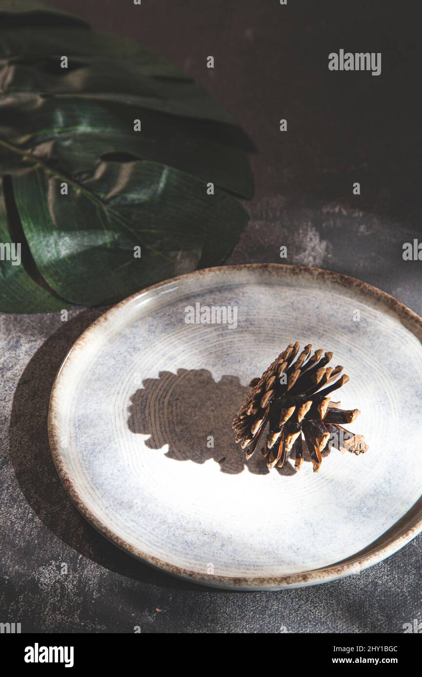 High angle of cone casting shadow on round ceramic plate placed at ...