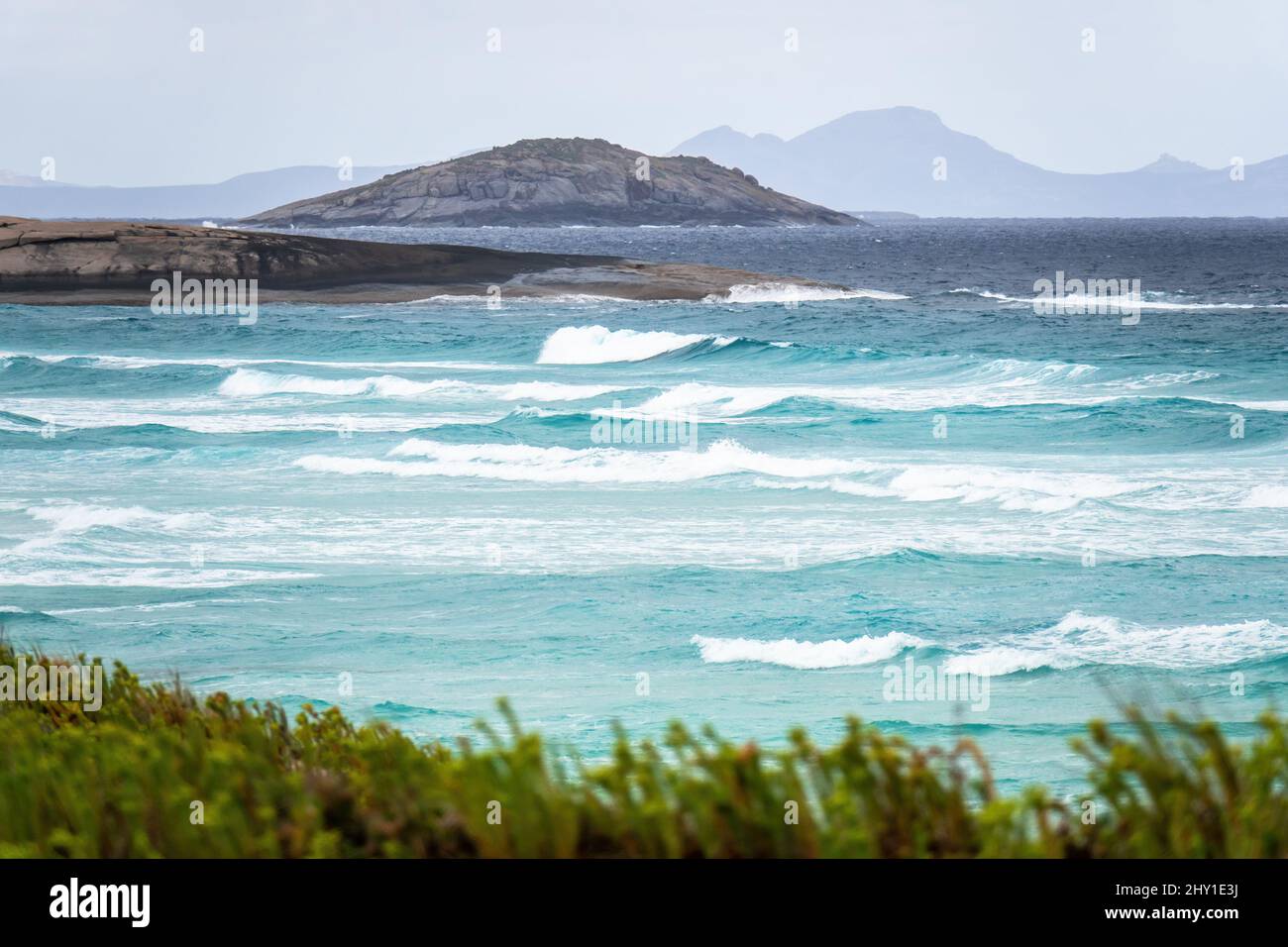 Landscape view of Esperance beach with foamy waves in Western Australia ...