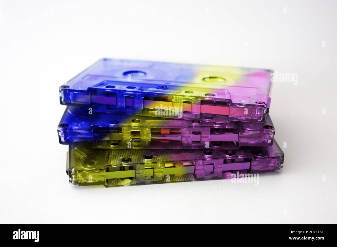 Vintage colorful music cassette tapes in the white background- turning ...