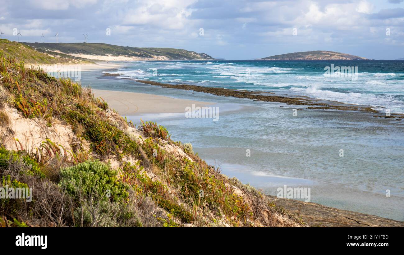 Landscape view of Esperance beach with foamy waves in Western Australia ...