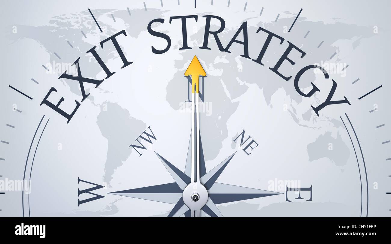 3D illustration of a compass directing to exit strategy Stock Photo - Alamy