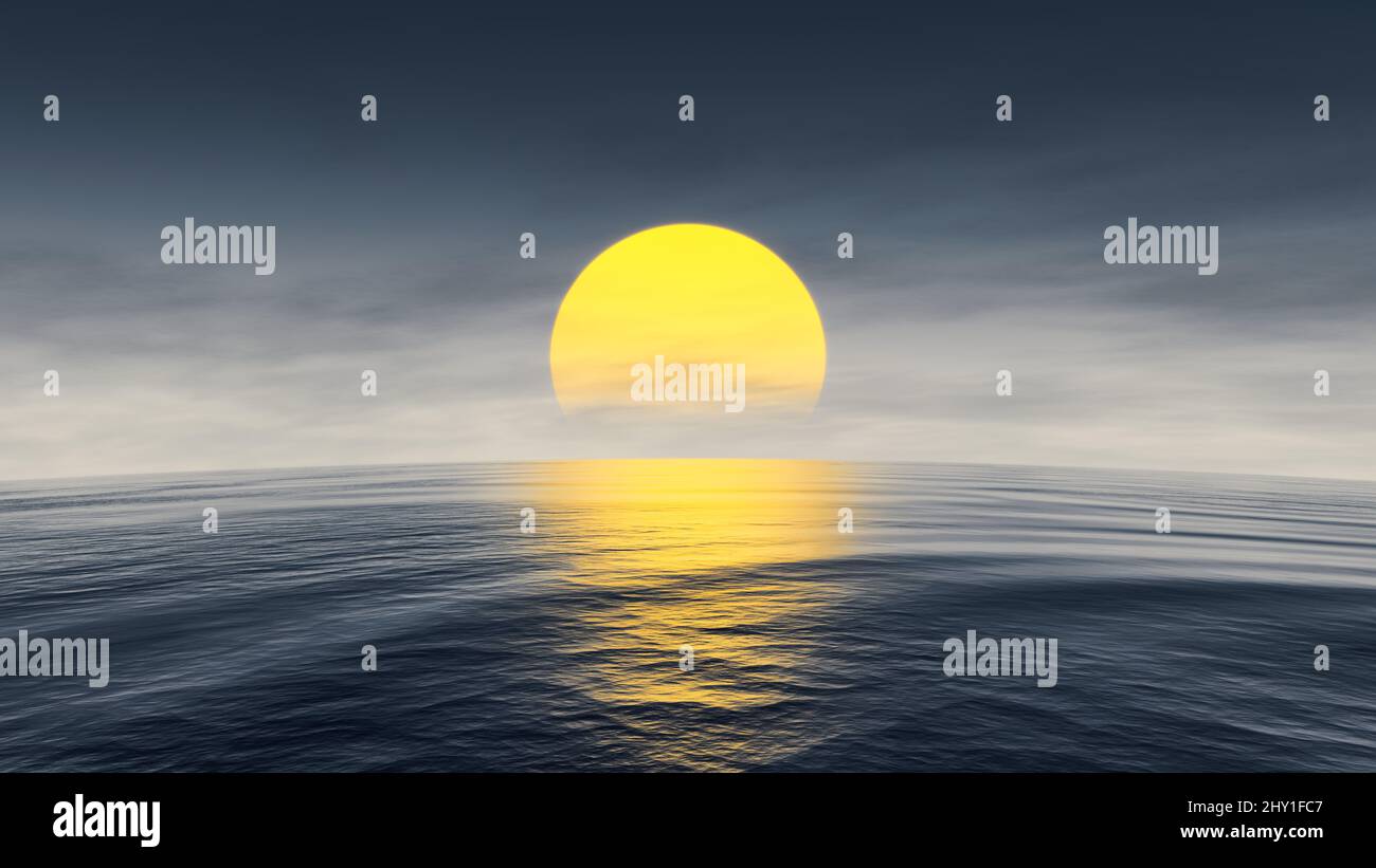 3D illustration of a sun over the ocean with curved horizon Stock Photo ...