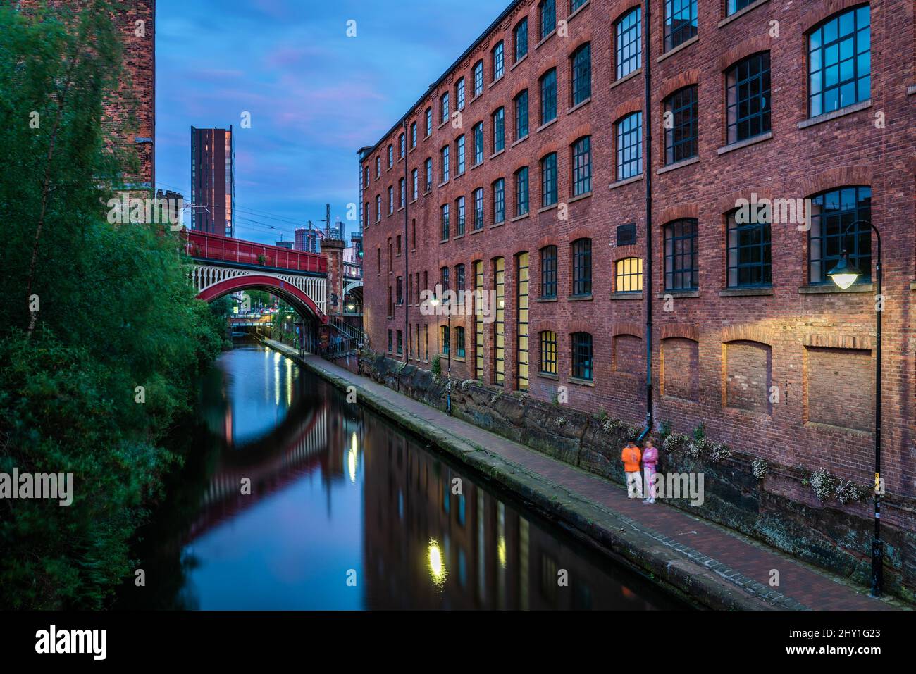 Castlefield riverside industrial buildings during the blue hour in ...
