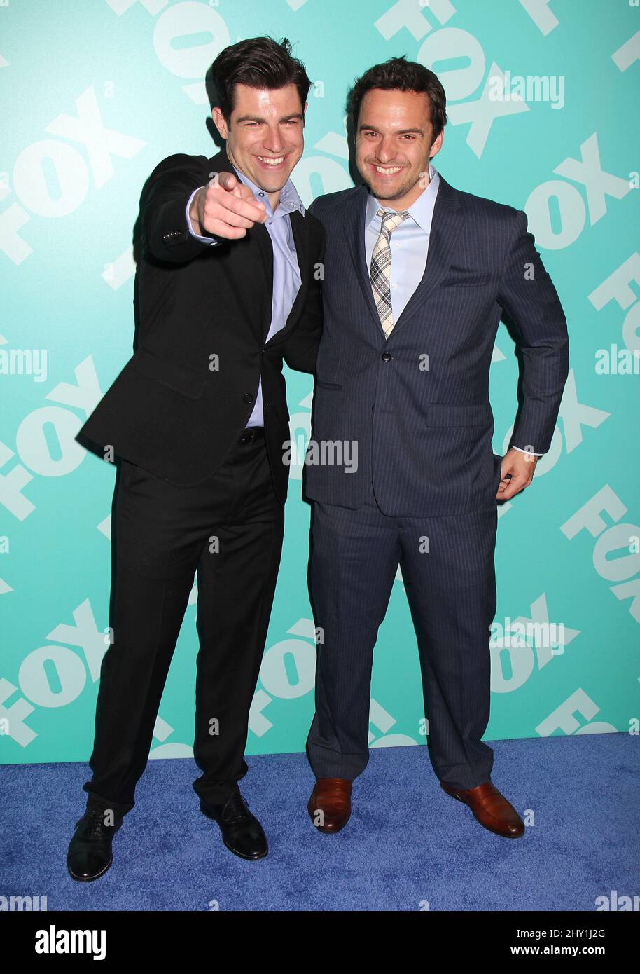 Jake Johnson and Max Greenfield arriving for the FOX 2013 Upfront ...