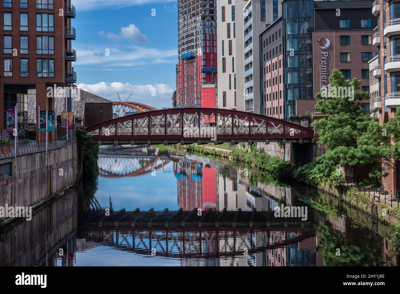 View of riverside hotels and apartment buildings in Manchester city ...