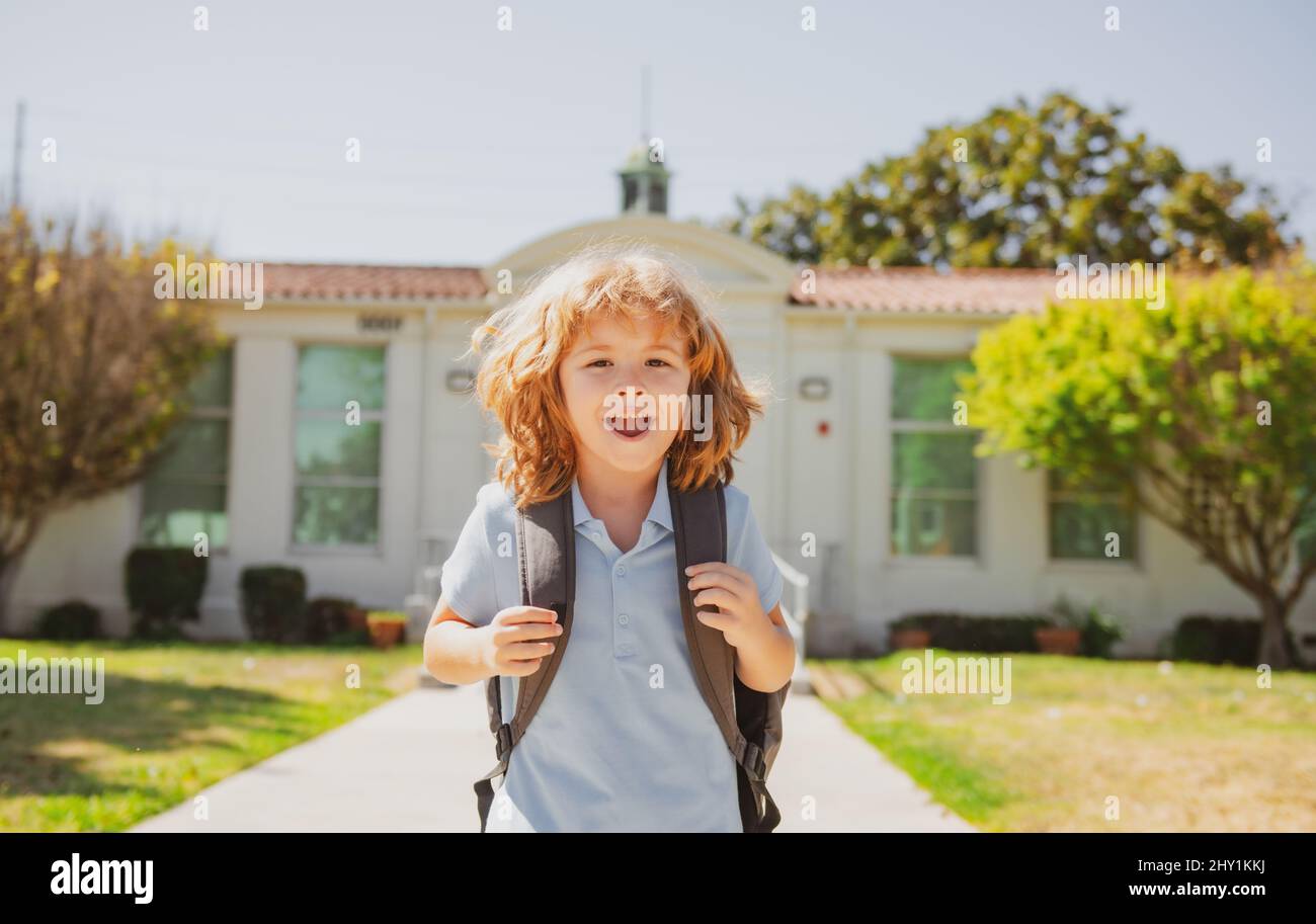Funny school boy face. Child pupul with rucksacks in the park near ...