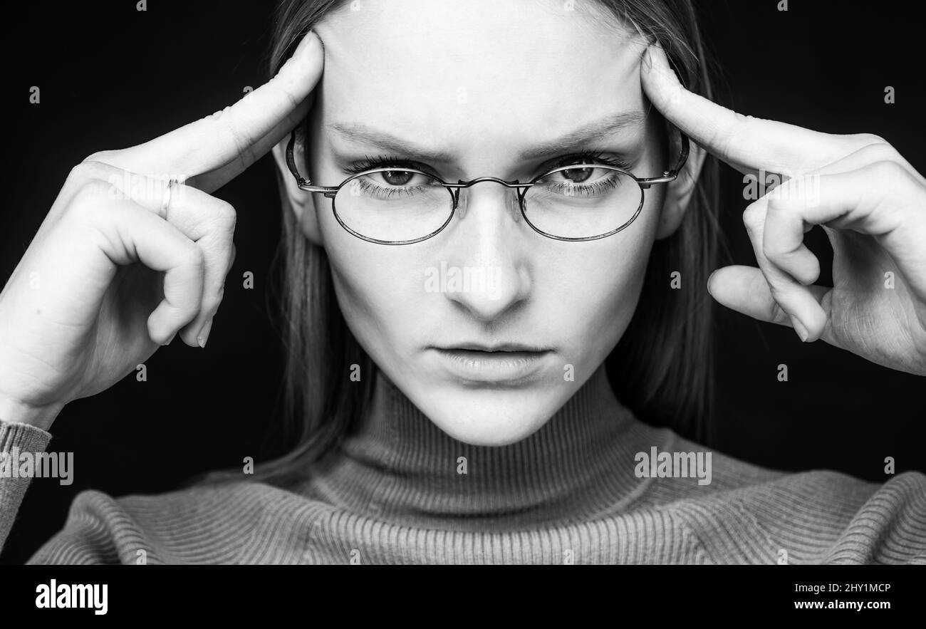 Overthinking. Woman brainstorm. Smart girl in glasses. Business ...