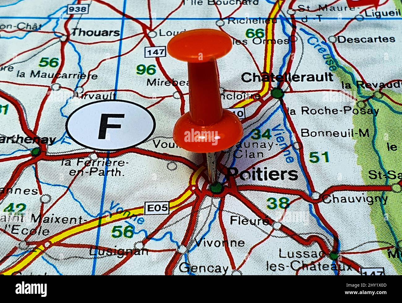 Closeup of a red pin on the map of the Poitiers city in France Stock ...