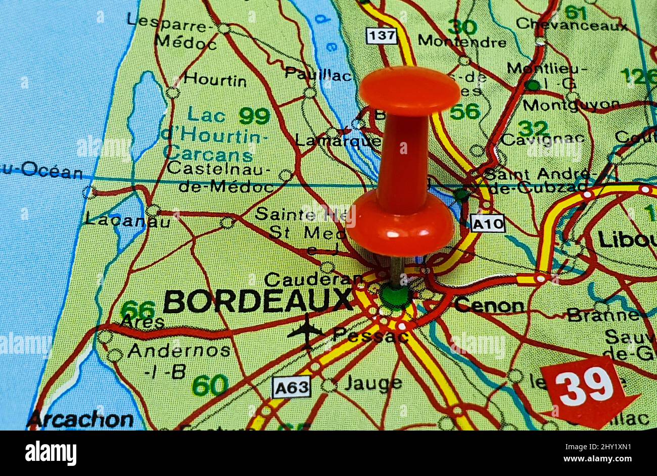 Closeup of a pinned location on the map of the Bordeaux city in France ...