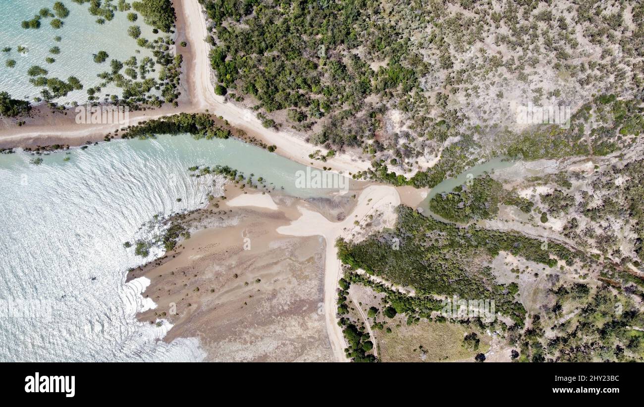 Drone shot of the Queensland beach with the ocean Stock Photo - Alamy