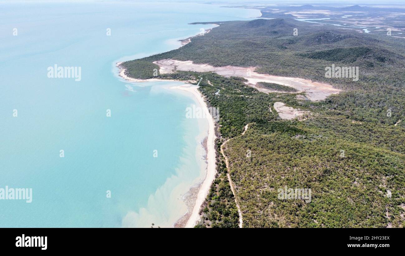 Drone shot of the Queensland beach with the ocean Stock Photo - Alamy