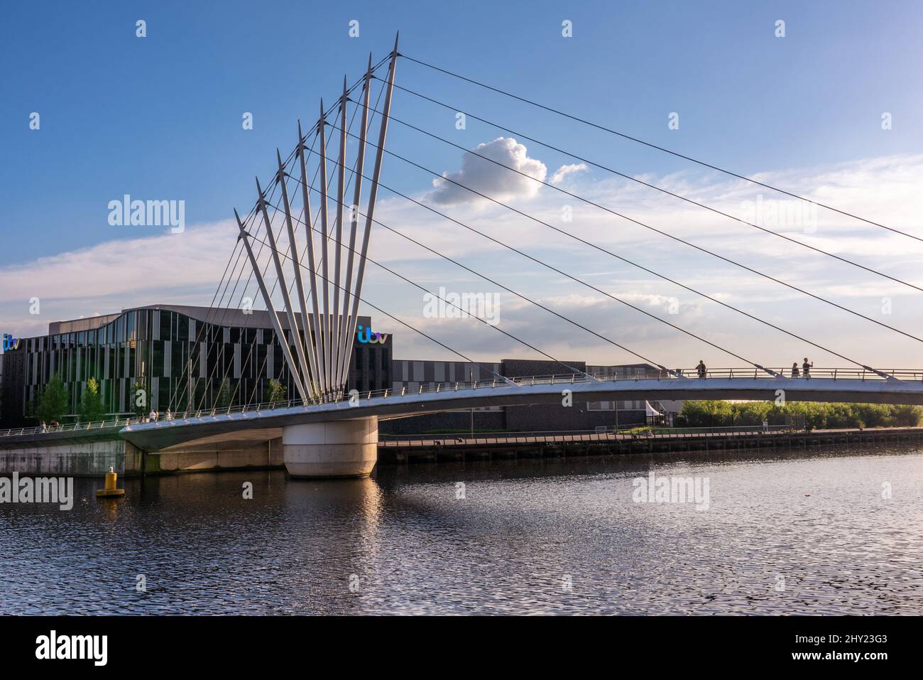 View of a footbridge in Salford Quays Media City in Manchester, England ...