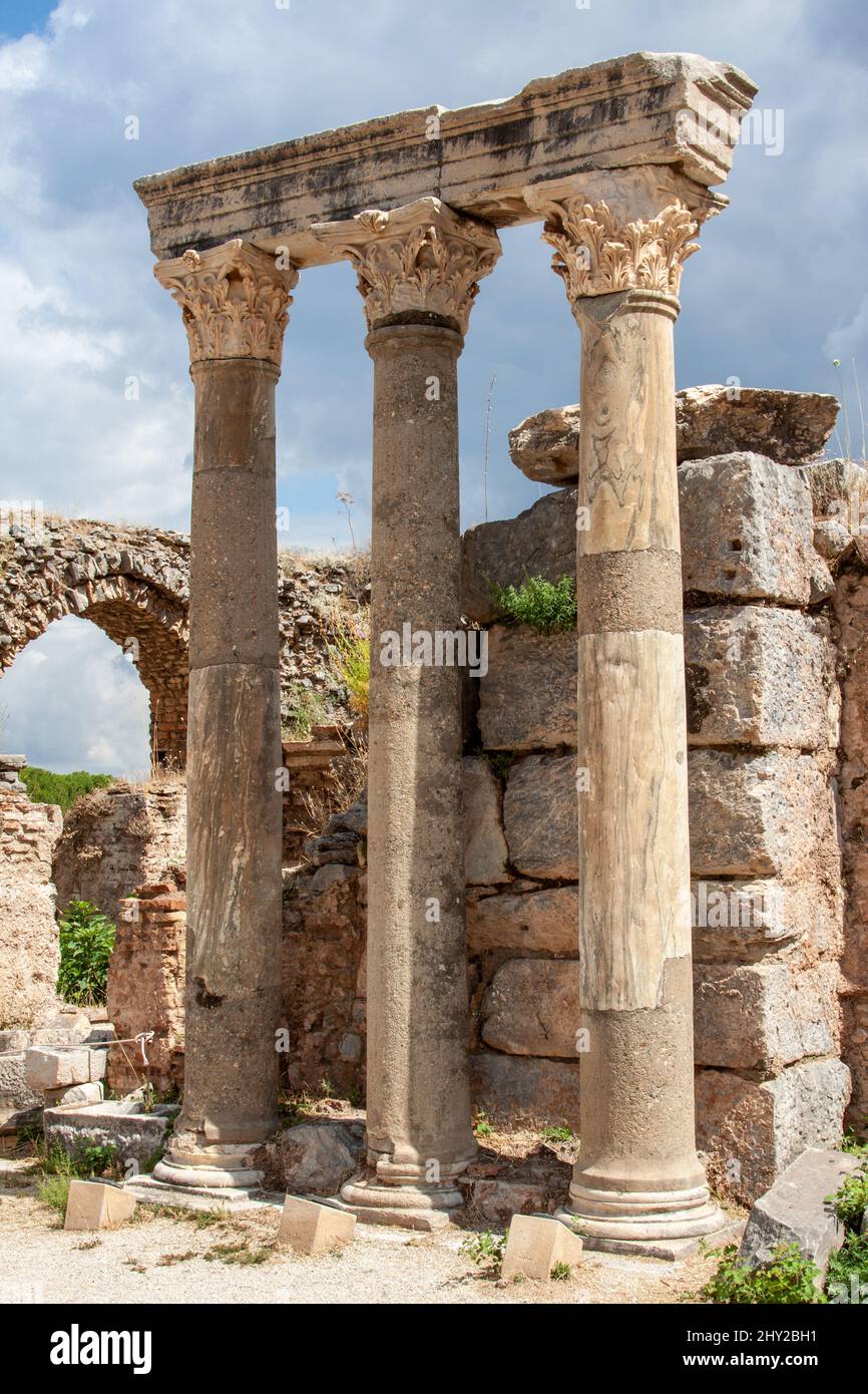 Details of the Corinthian columns of greek ruins of an archaeological ...