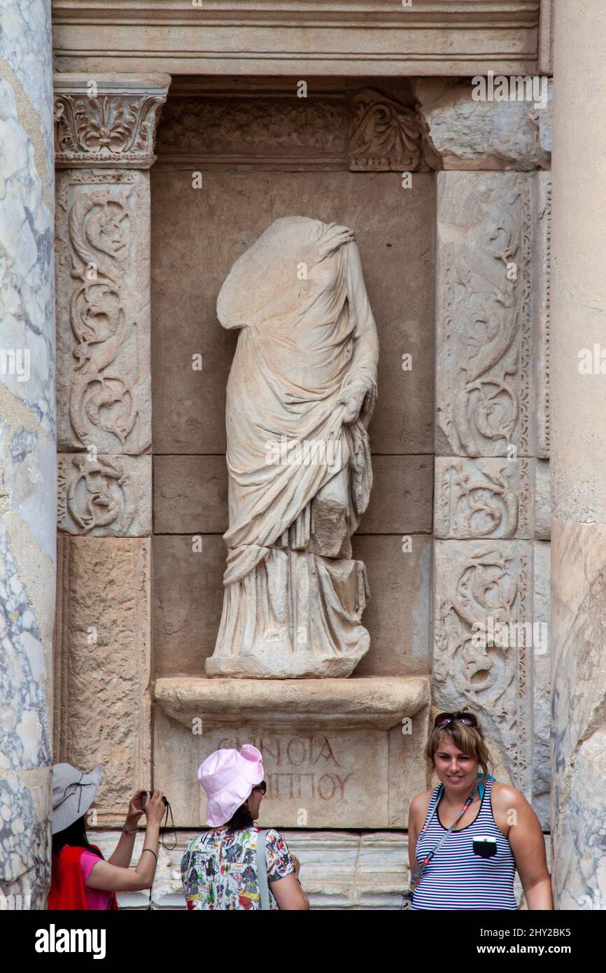 Closeup Of A Statue Of Ennoia In The Facade Of The Celsus Library