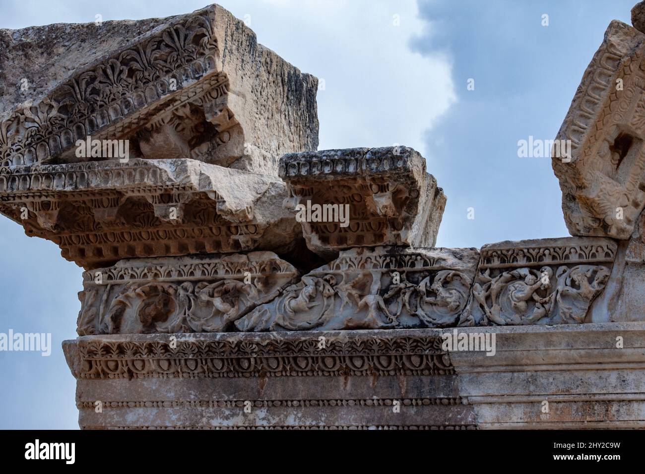 Closeup of Hadrian's Temple detailed arch on the archaeological site of ...