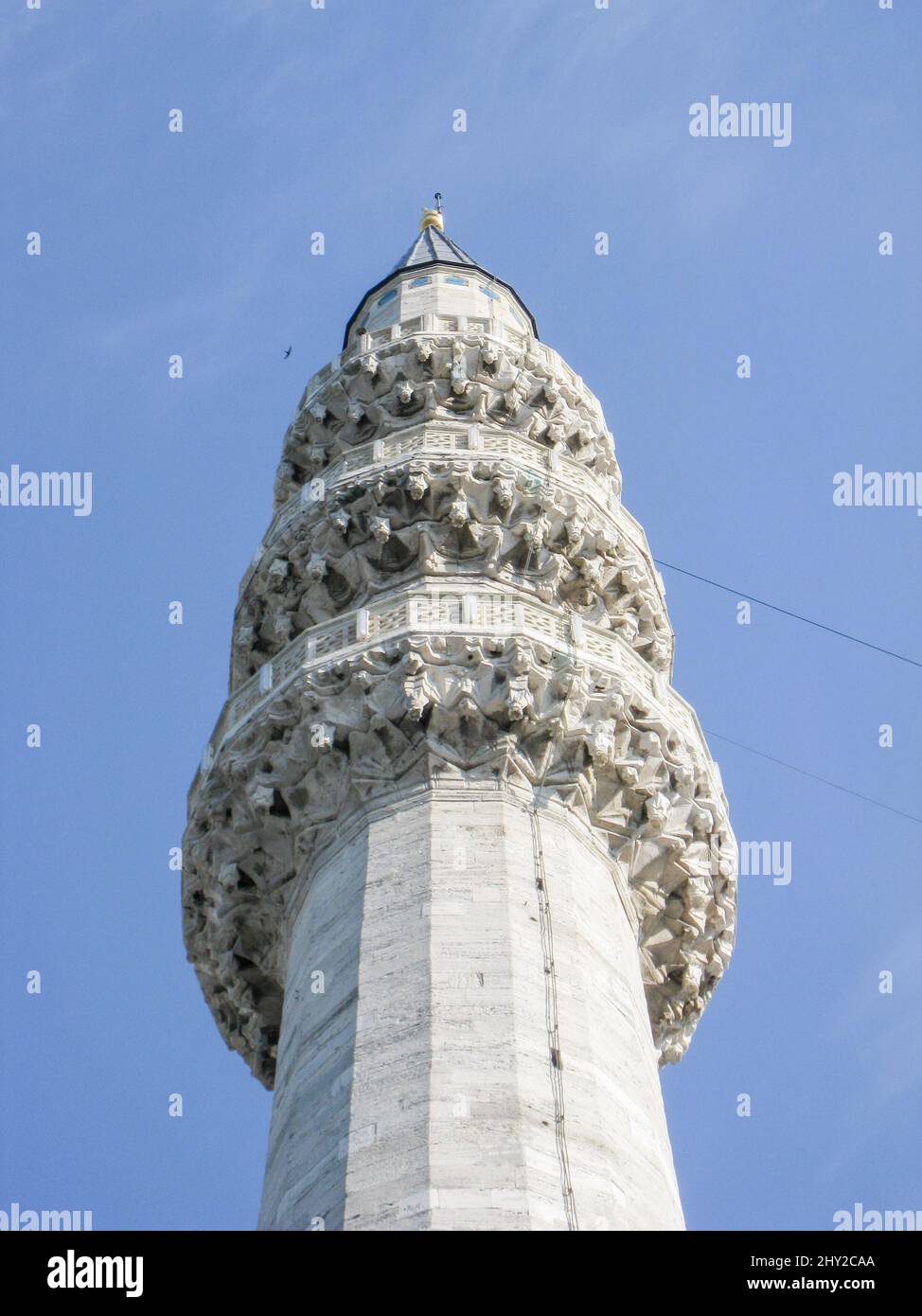 Low angle shot of a Minaret of the New Mosque, Istanbul, Turkey against ...