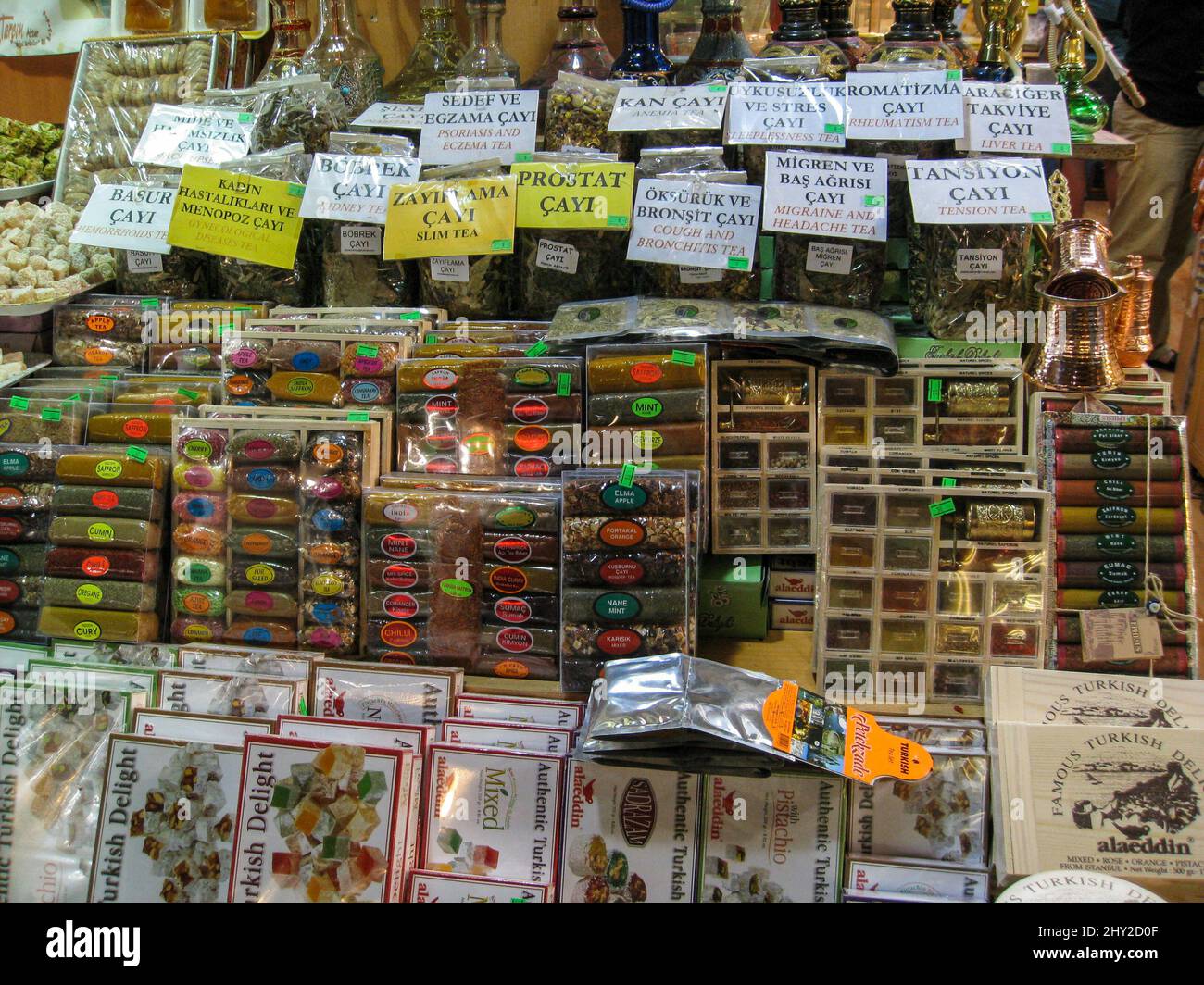 Stores selling Turkish delicatessen inside the Spice Bazaar, Istanbul ...