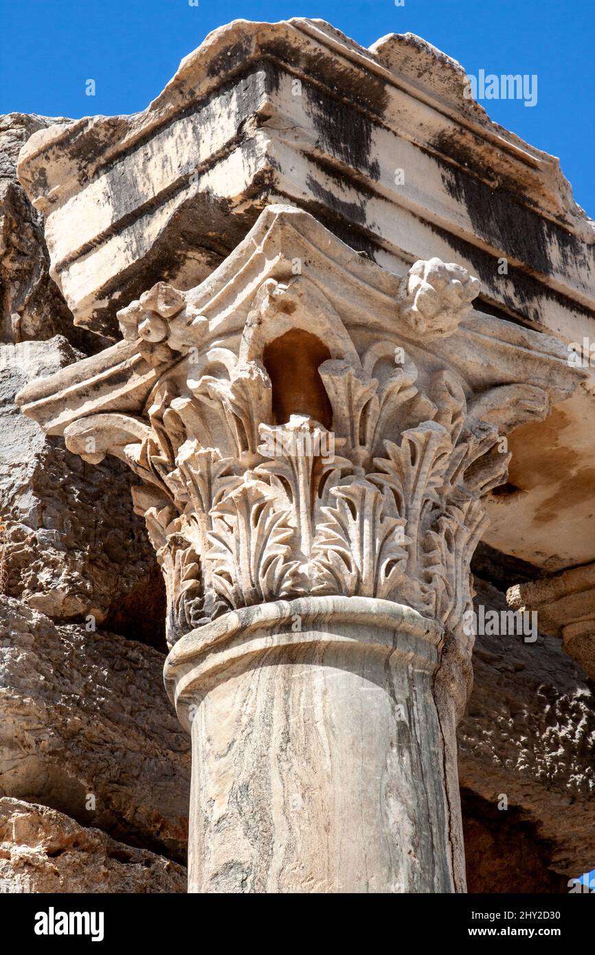 Details of the Corinthian columns of greek ruins of an archaeological ...