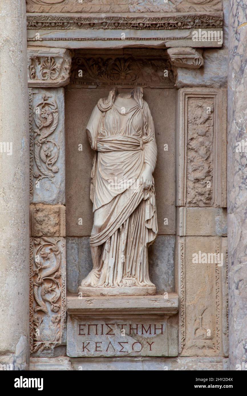 Closeup of a statue of Episteme in the facade of the Celsus Library ...