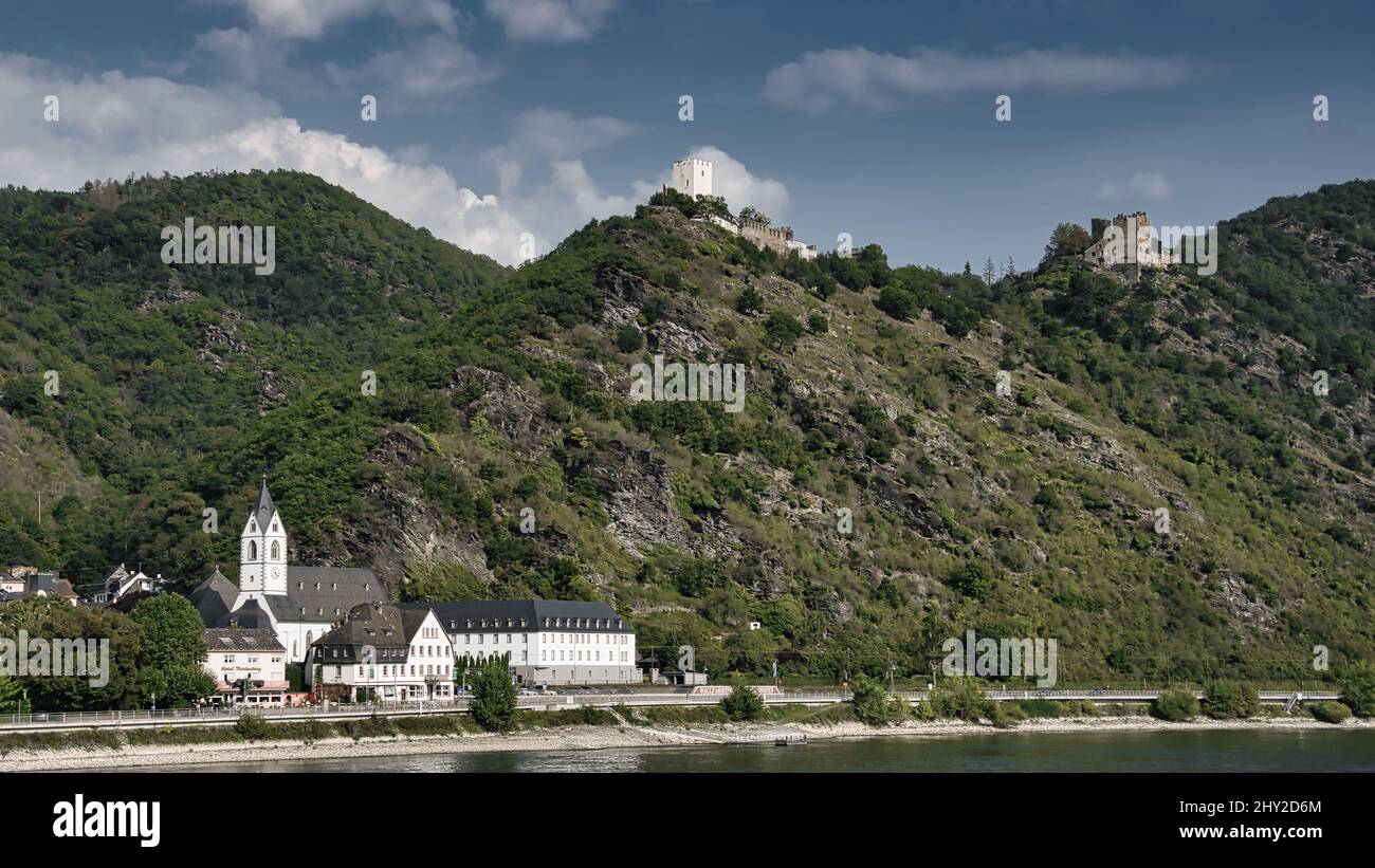 view of the Kamp-Bornhofen Pilgrimage Church, Germany under green ...